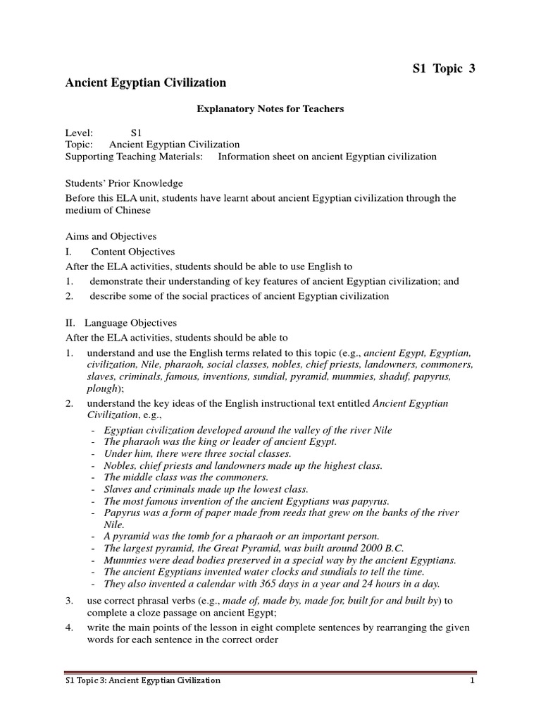 s1 Topic 3 Ancient Egyptian Civilization | PDF