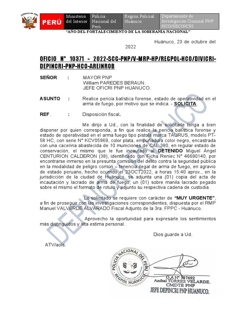 Oficio Pericia Balistica y Operatividad de Arma de Fuego | PDF | Policía | Valores