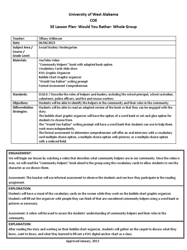 Wilkinson Ed-405 Uwa 5e Lesson Plan Whole Group | PDF | Cognition ...