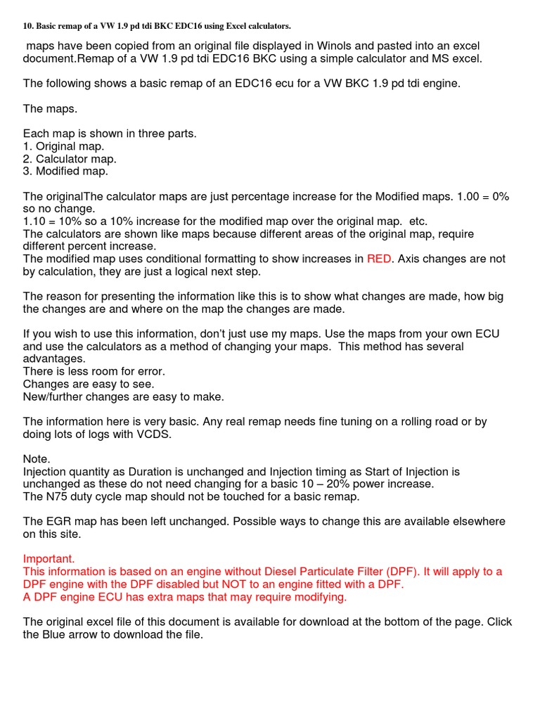 10 Basic Remap of A VW 1.9 PD Tdi BKC EDC16 Using Excel Calculators | PDF