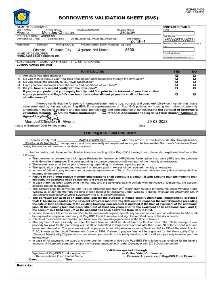 Pag-IBIG Borrower's Validation Sheet | PDF