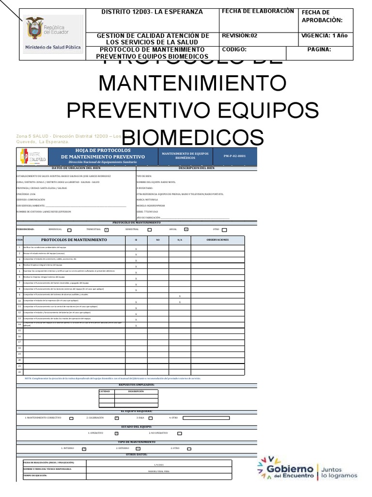Protocolo de Mantenimiento Preventivo Equipos Biomedicos | PDF | Hospital