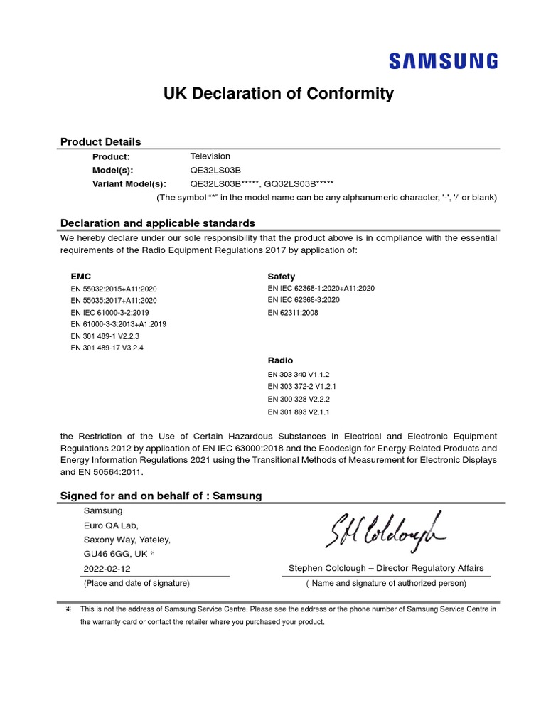 Samsung TV UK Declaration of Conformity | PDF | International ...