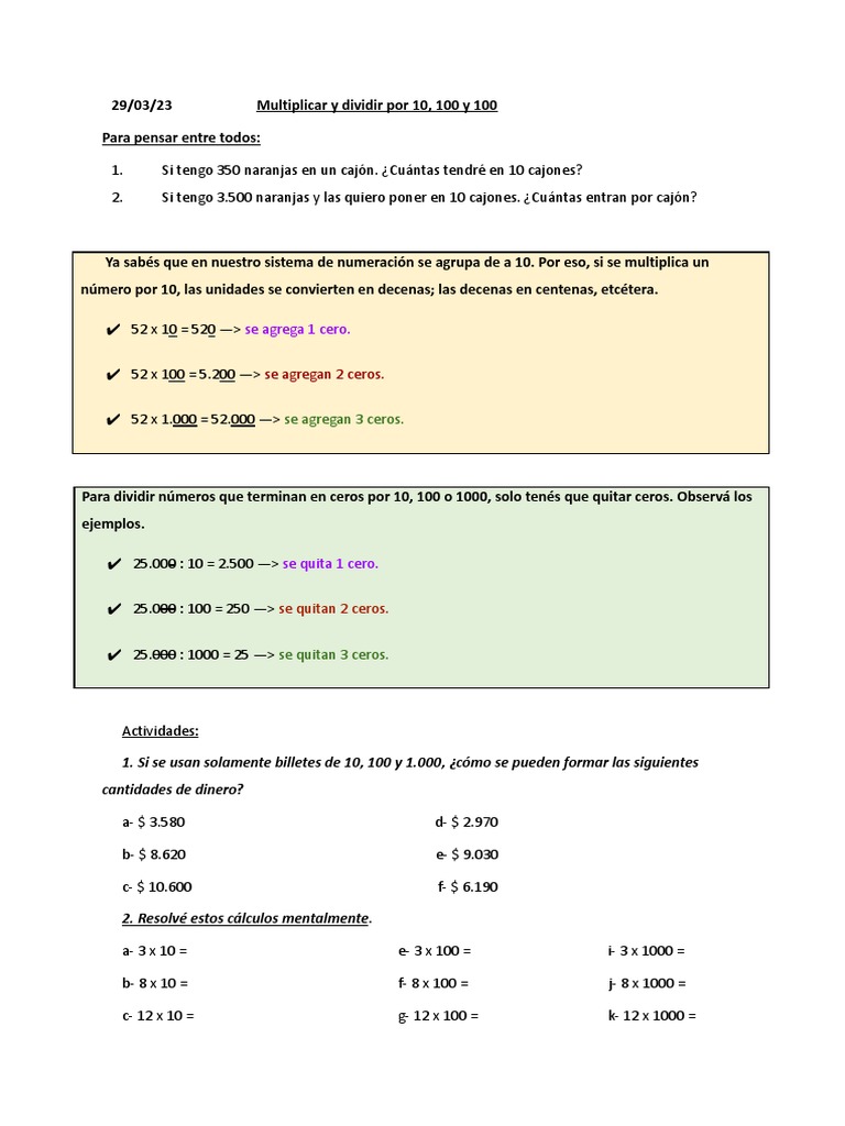 Multiplicación y división por 10, 100, 1000 | PDF | Métodos y ...