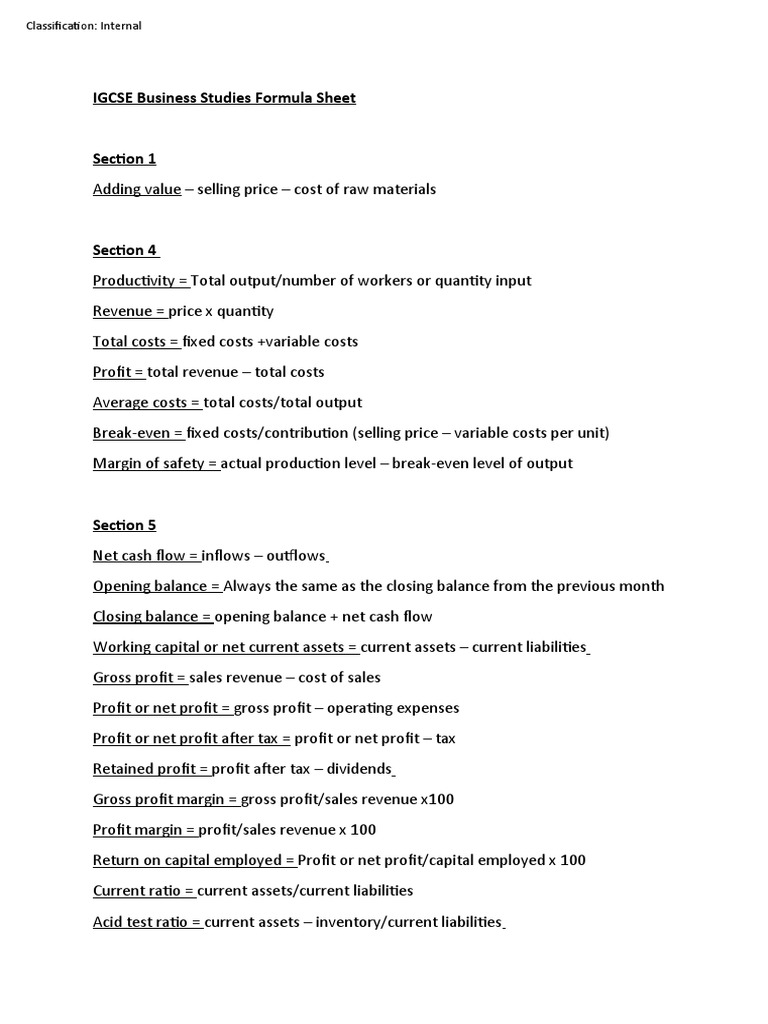 IGCSE Business Studies Formulas | PDF