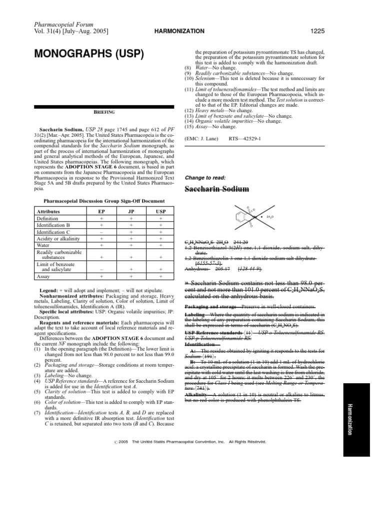Monographs (Usp) : Saccharin Sodium | PDF | Sodium Hydroxide | Solubility