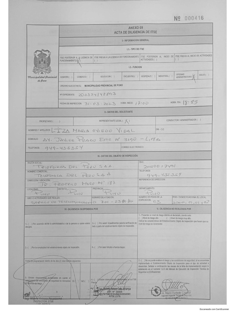 Acta de Diligencia ITSE - CT Puno | PDF
