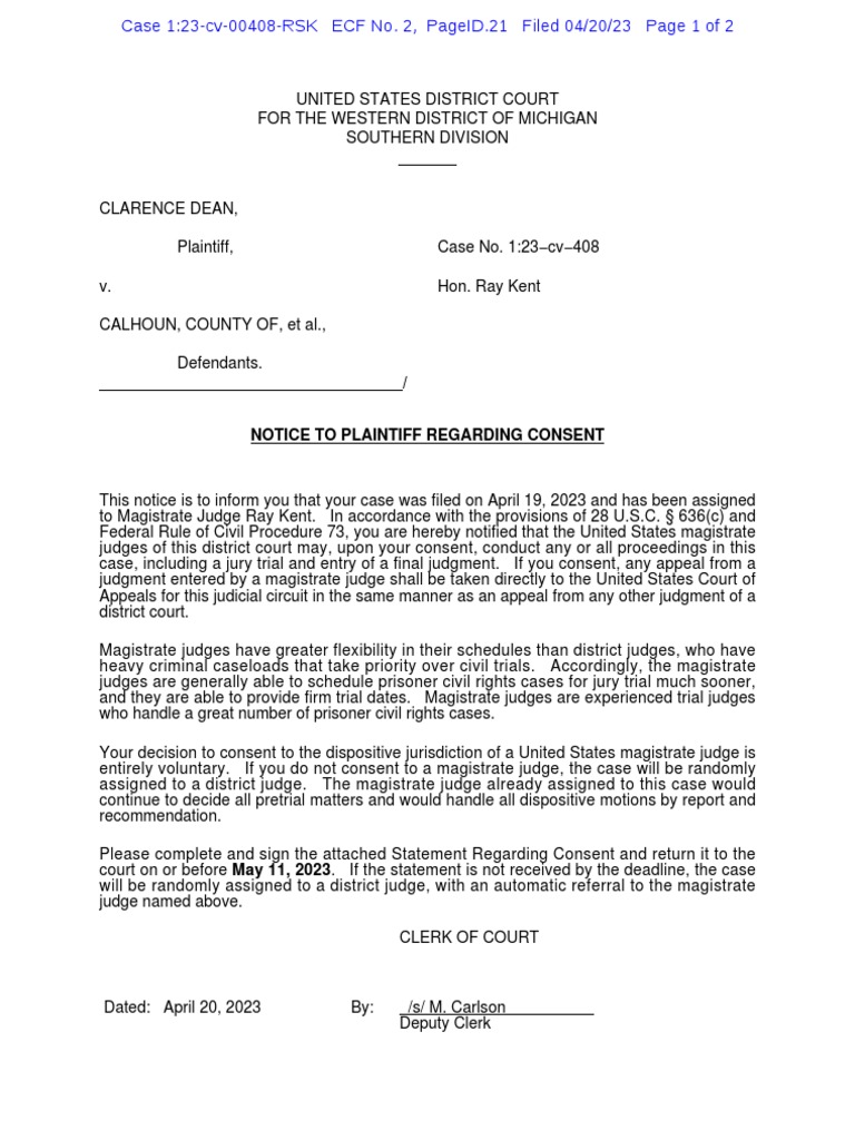 Notice To Plaintiff Regarding Consent | PDF | United States Magistrate ...