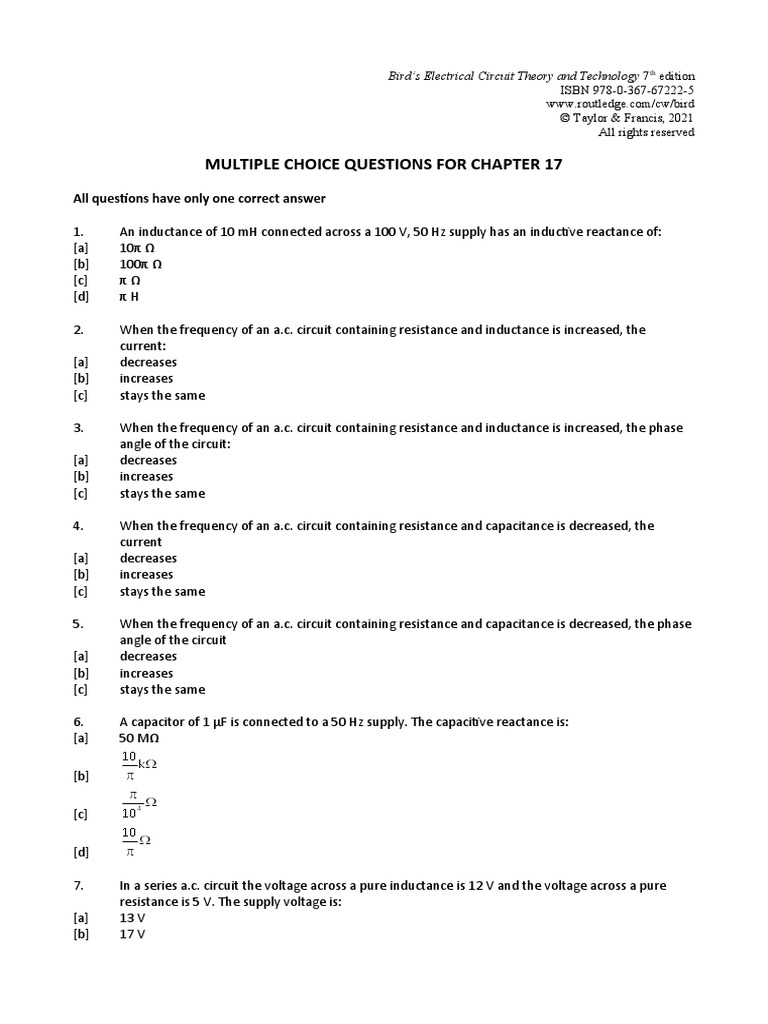 ECT&T 7th Ed Multi Choice CH 17 | PDF | Electrical Impedance ...