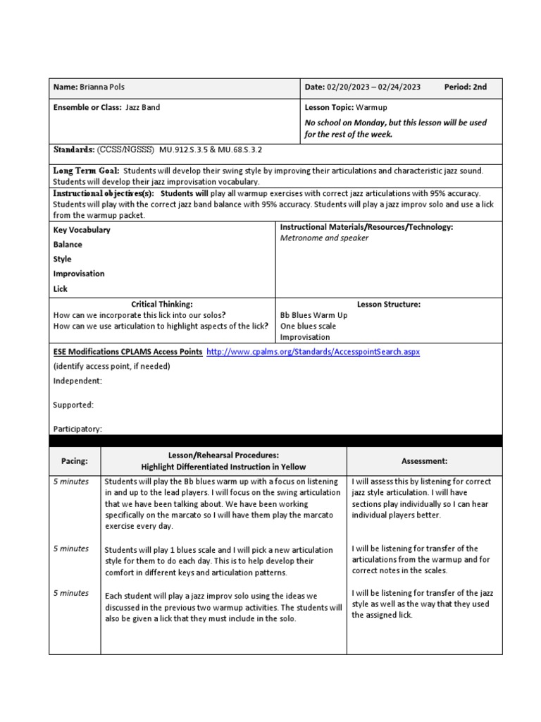 Lesson Plan Jazz Band Week of Feb 20 | PDF | Cognition | Learning