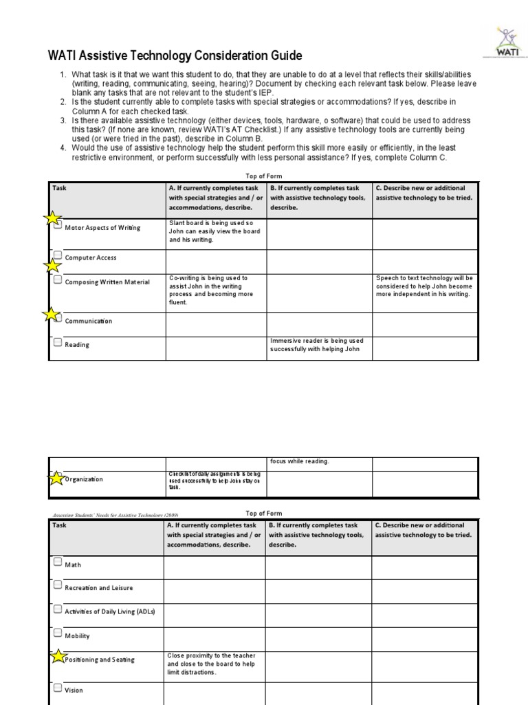 WATI Assistive Technology Consideration Guide: Top of Form | PDF ...
