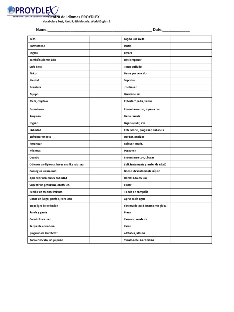 Prueba de Vocabulario Unidad 5 World English 2 | PDF