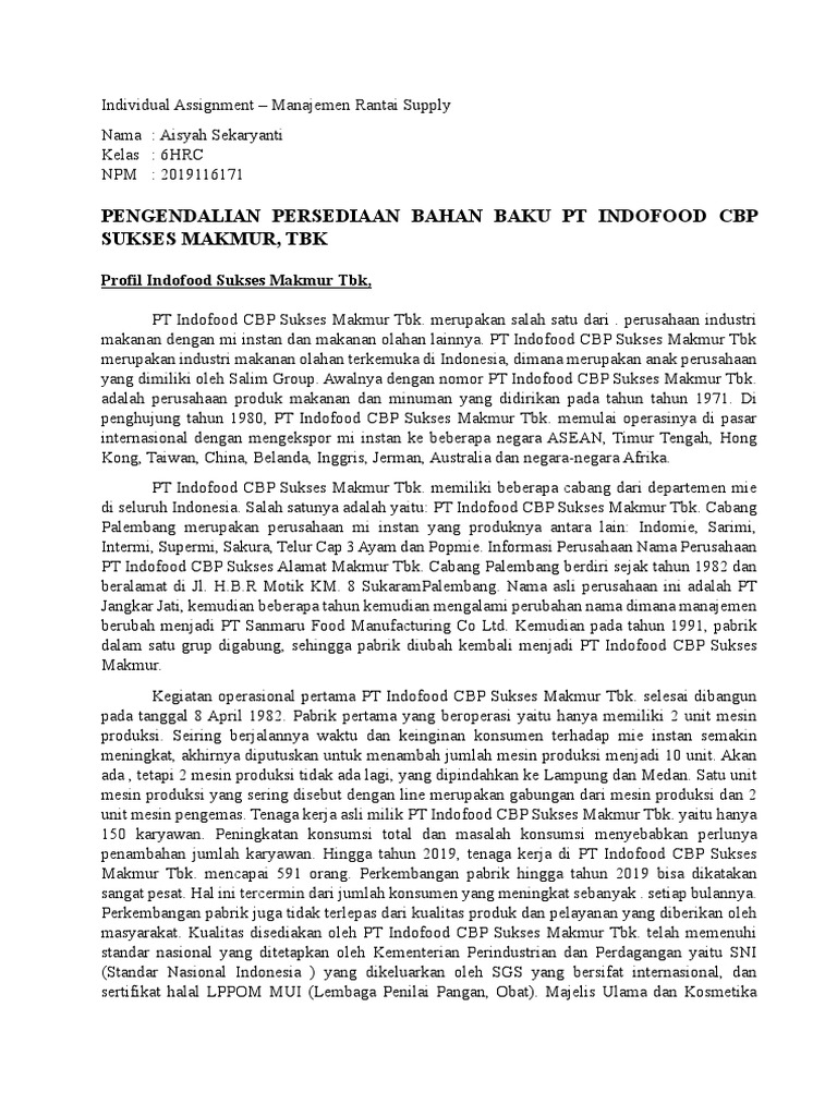 Pengendalian Persediaan Bahan Baku PT Indofood CBP Sukses Makmur, TBK | PDF