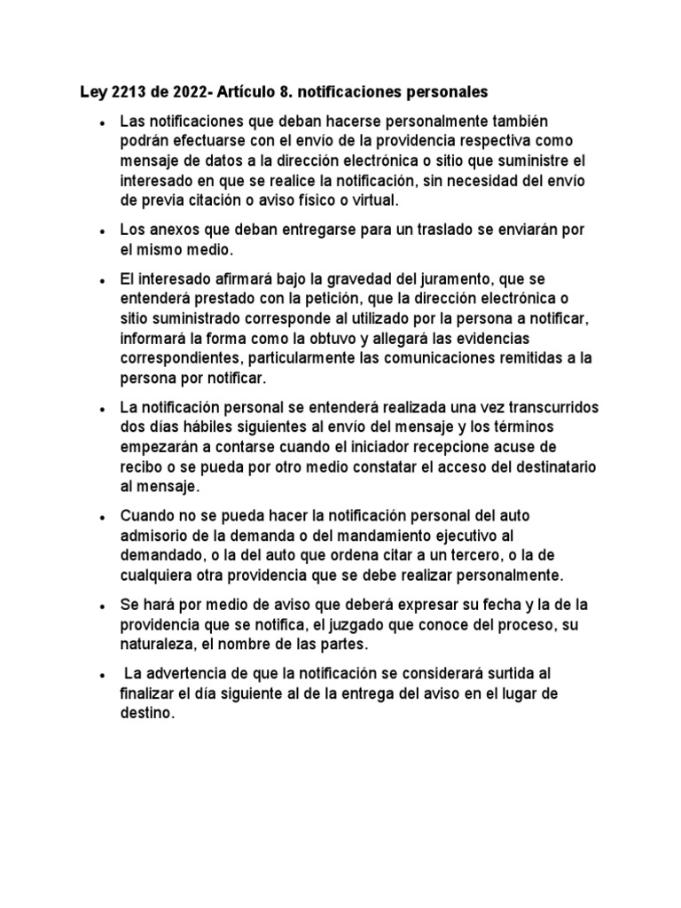 Ley 2213 de 2022-Artículo 8. Notificaciones Personales | PDF
