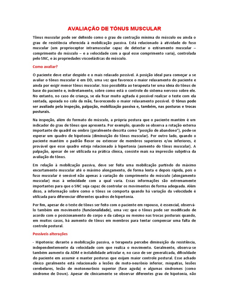 Avaliação do Tônus Muscular | PDF | Músculo esquelético | Medicina Clínica