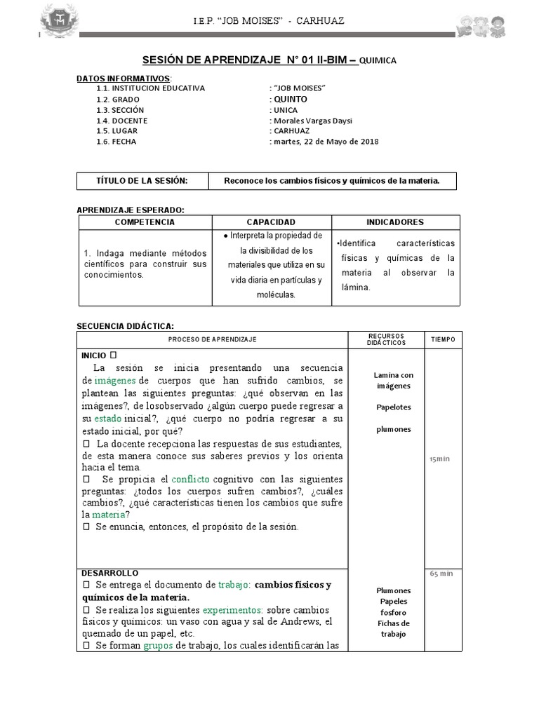 SESIÓN DE APRENDIZAJE Quimica | PDF | Aprendizaje | Salón de clases