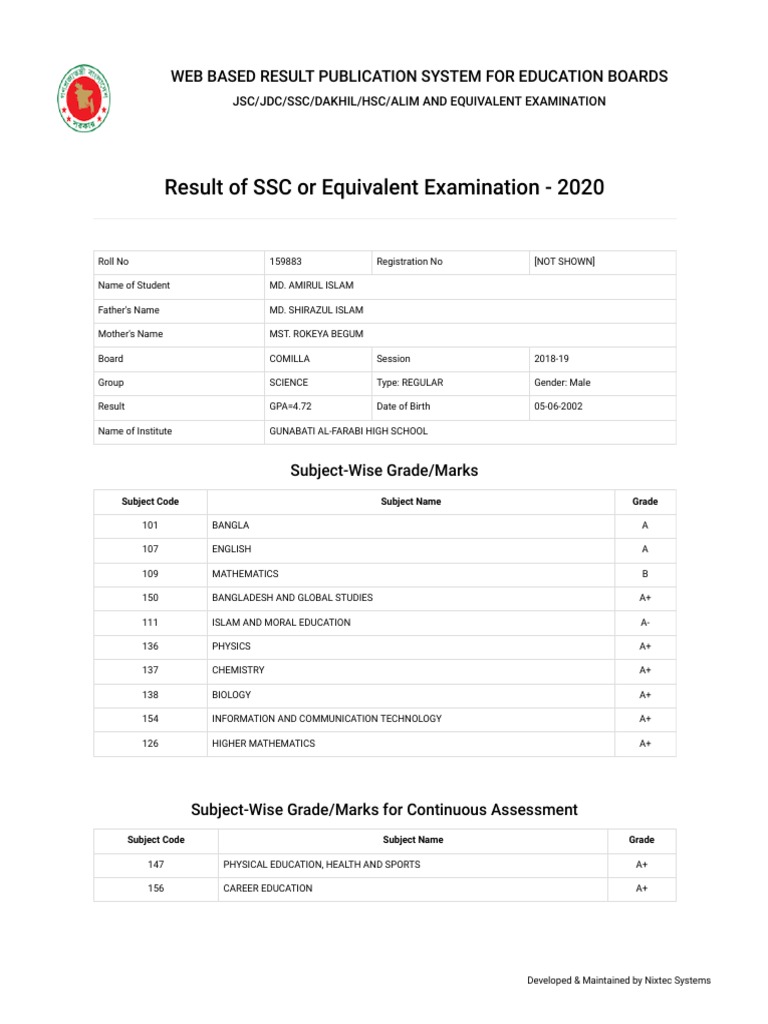 Result of SSC or Equivalent Examination - 2020: Web Based Result ...