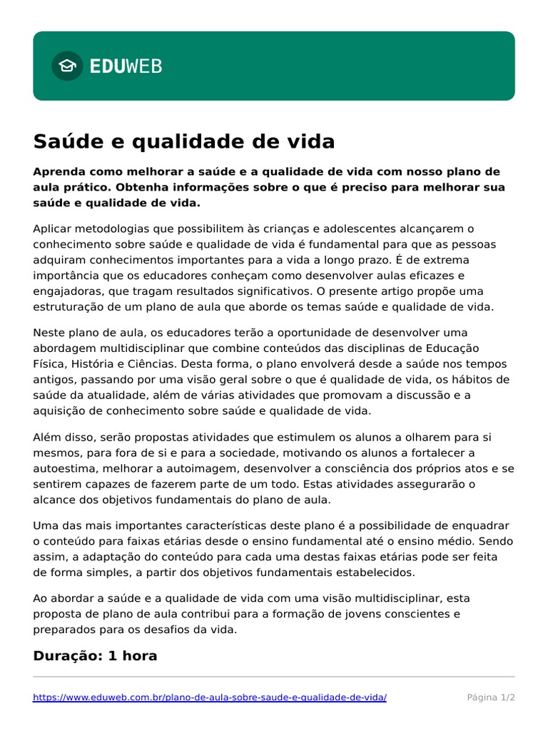 Plano de Aula: Saúde e Qualidade de Vida | PDF | Interdisciplinaridade | Vida