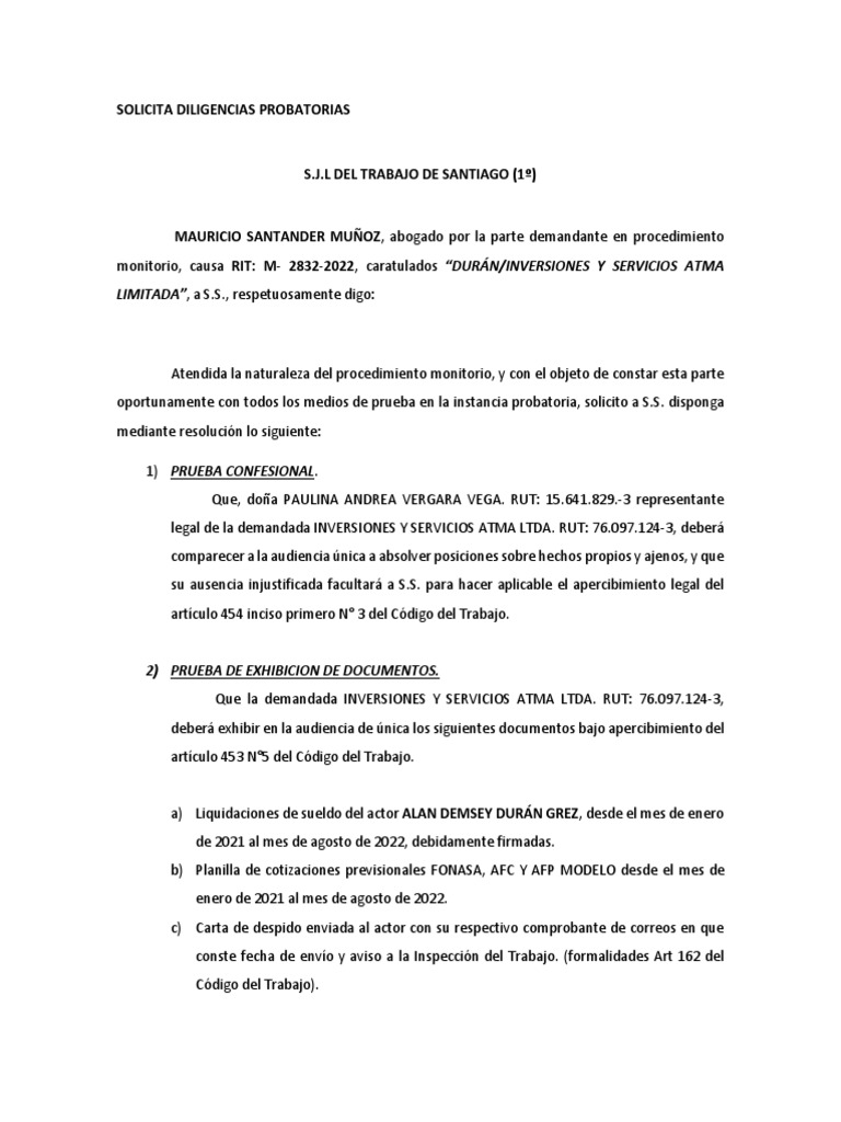 Solicita Diligencias Probatorias: LIMITADA", A S.S., Respetuosamente Digo | PDF