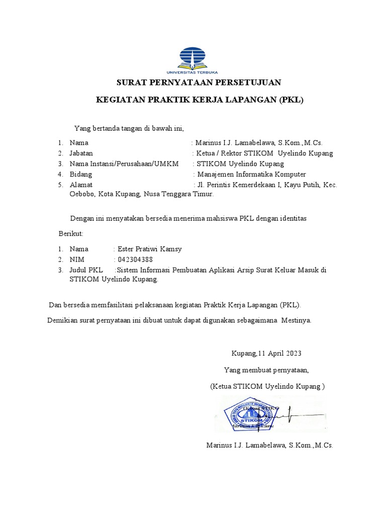 Surat Persetujuan PKL | PDF