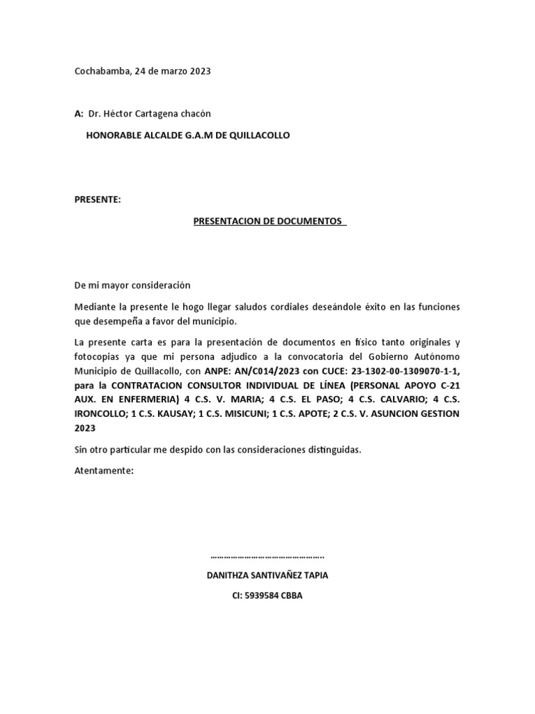 Carta de Presentacion de Documentos Quilla 2023 | PDF