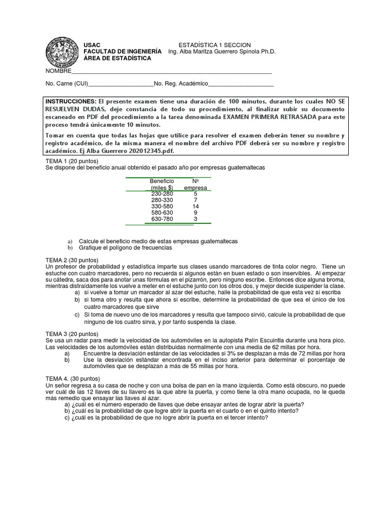 Examen Primera Retrasada USAC | PDF