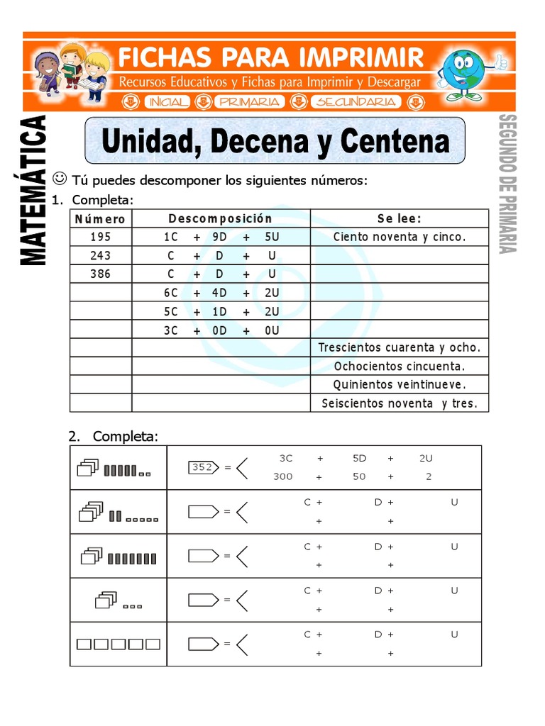 Ficha de Unidad Decena Centena para Segundo de Primaria | PDF ...