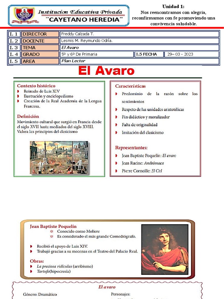 Infografía sobre "El Avaro" de Molière | PDF