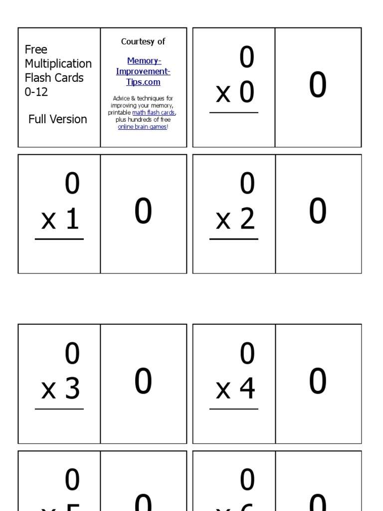 Free Multiplication Flash Cards 0-12 | PDF