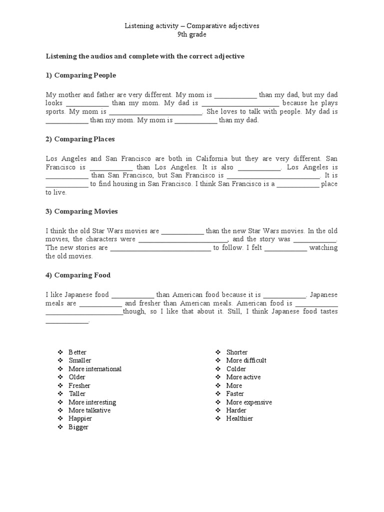 Listening Activity Comparative Adjectives | PDF