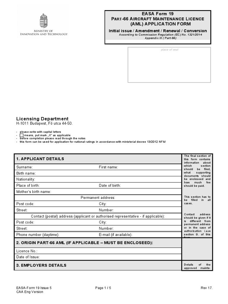 EASA - F19 - Part66 - Ac - Maint - Lic - App - Form - Rev 17 - ITM ...