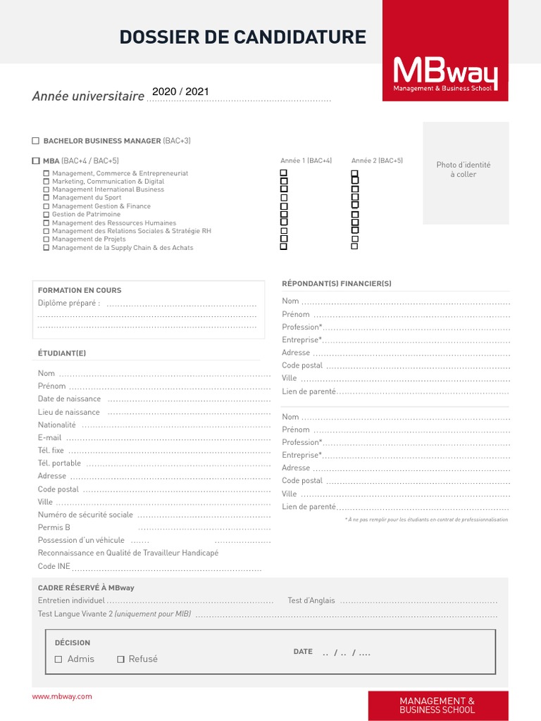 Dossier de candidature MBway | PDF | École de commerce | Business