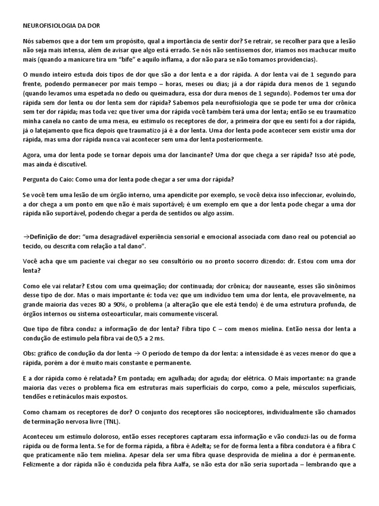 Neurofisiologia Da Dor Uma Explicação Detalhada Dos Mecanismos Da Dor Rápida E Dor Lenta Pdf