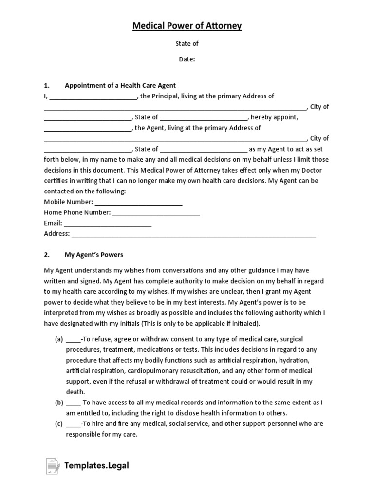 Medical Power of Attorney Template | PDF | Power Of Attorney | Notary ...
