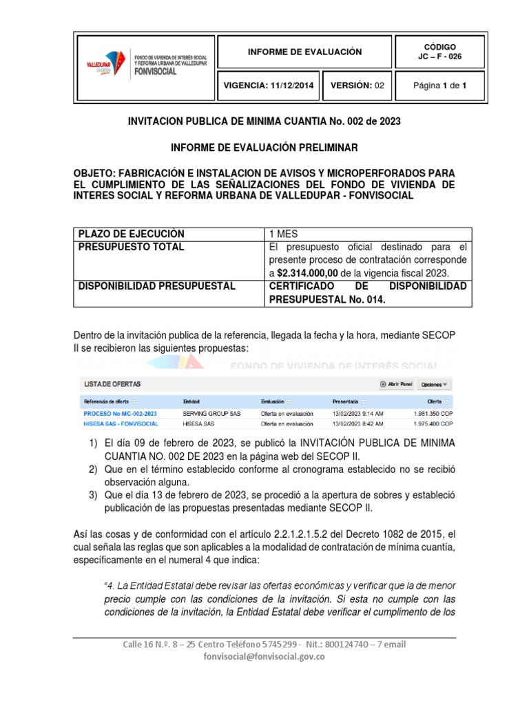 Informe de Evaluacion Preliminar - MC 002 - 2023 | PDF