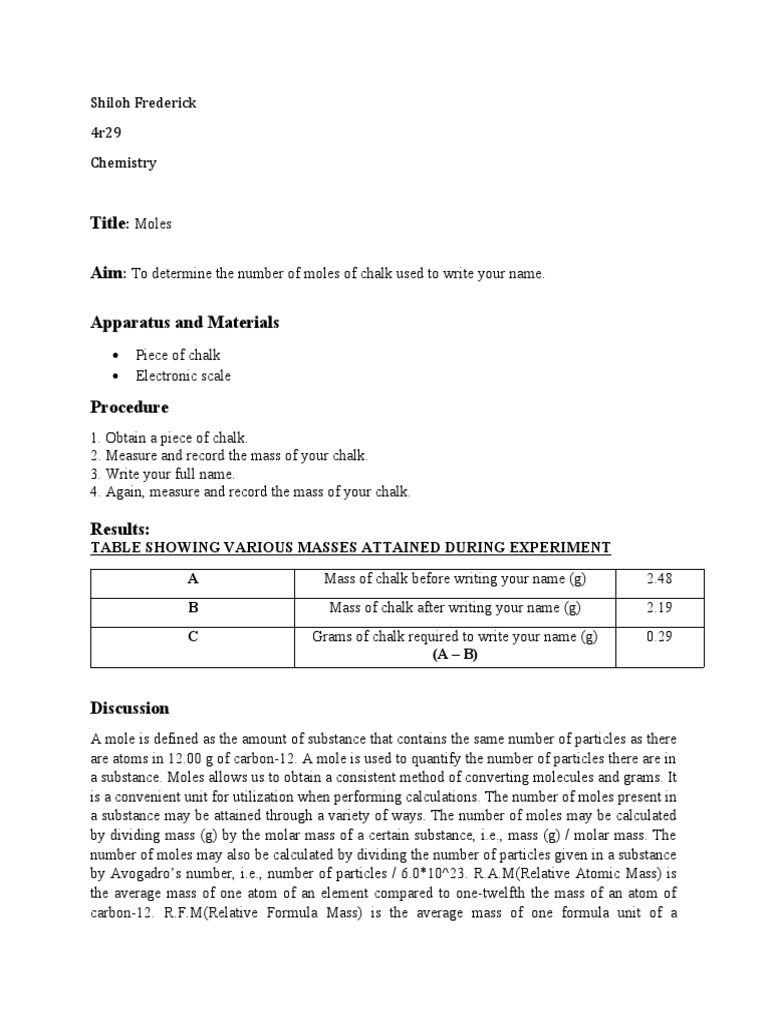 Moles Lab Report | PDF | Mole (Unit) | Quantity