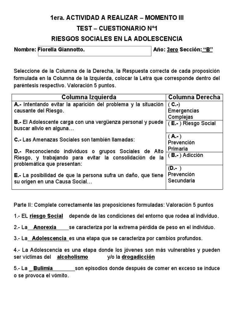 Test-Cuestionario N°1 - Riesgos Sociales Del Adolescente | PDF ...