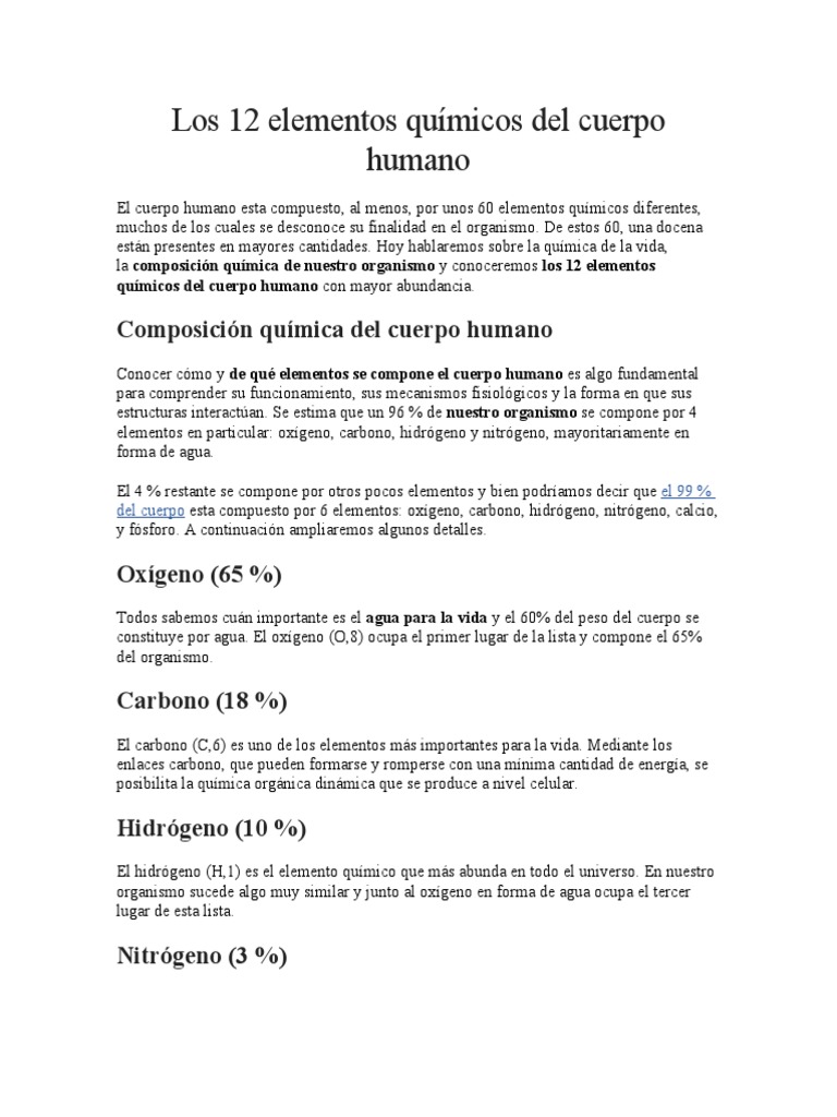 Los 12 Elementos Químicos Del Cuerpo Humano | PDF | Cuerpo humano ...