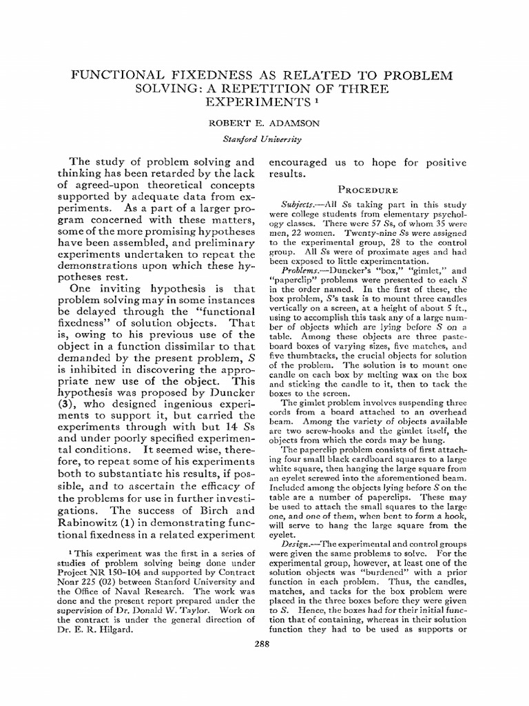 1952 Functional Fixedness As Related To Problem Solving | PDF