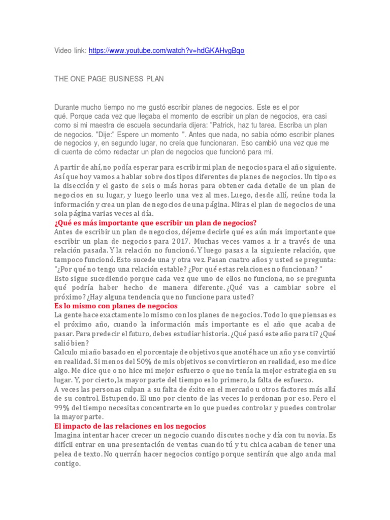 The One Page Business Plan | PDF