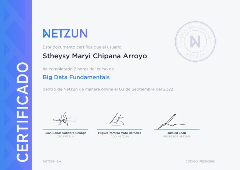 Certificado de Estudios - Big Data Fundamentals - NETZUN & UPAL, 2022 | PDF