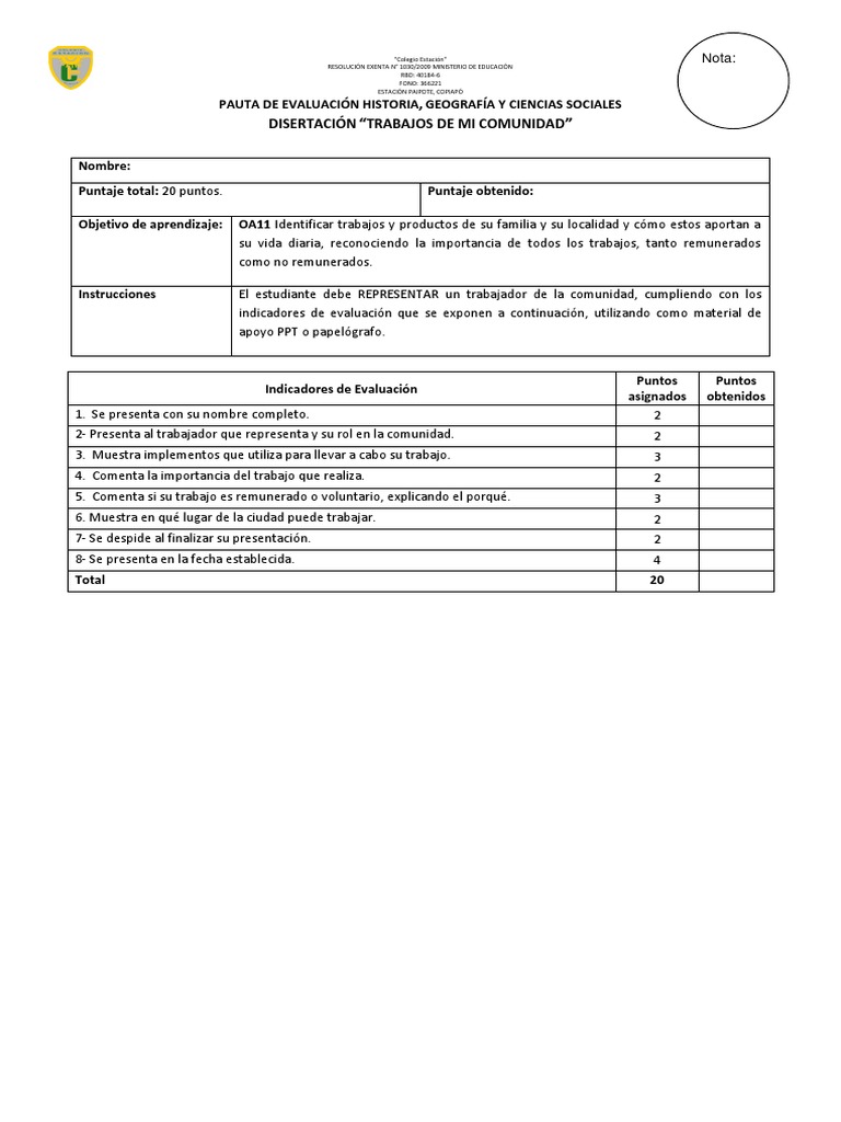 Pauta de Evaluación - Trabajos de Mi Comunidad | PDF | Cognición