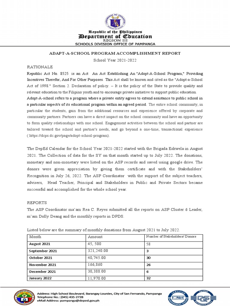 Adopt A School Program Accmplishment Report | Download Free PDF | Economies