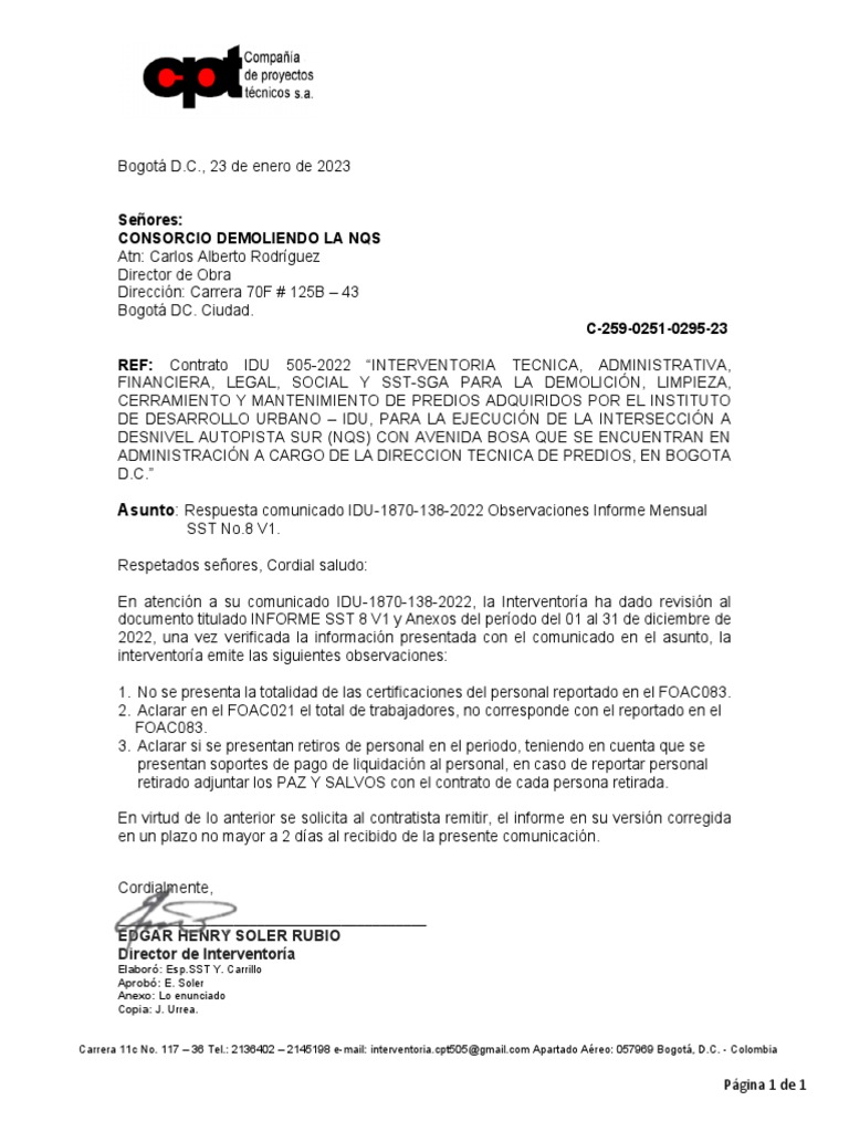 C-259-0251-0295-23 Respuesta Comunicado IDU-1870-138-2022 Observaciones Informe Mensual SST No.8 ...