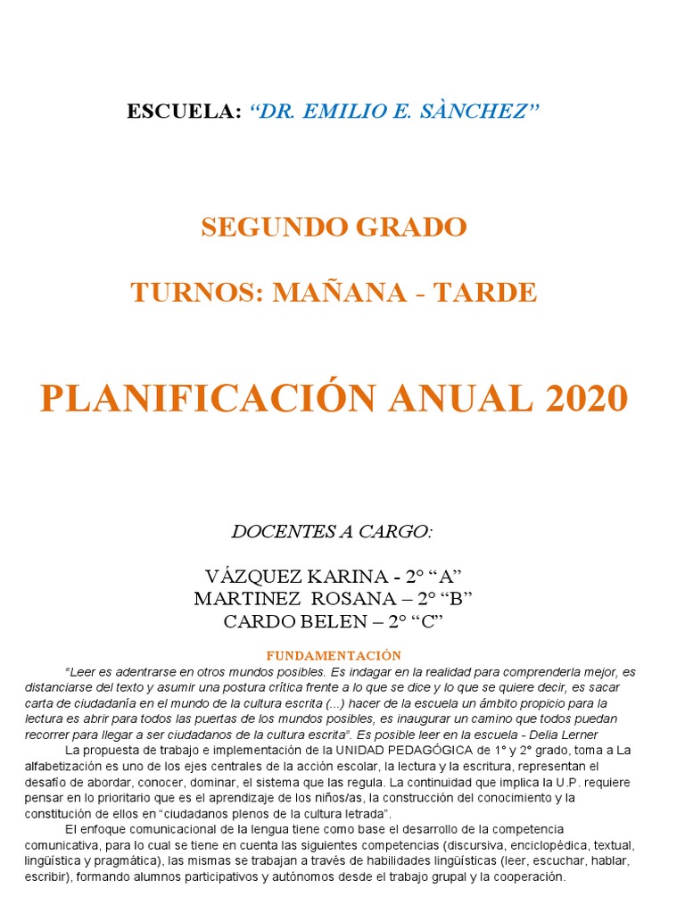 Planificación Anual 2020: Segundo Grado Turnos: Mañana - Tarde | PDF ...