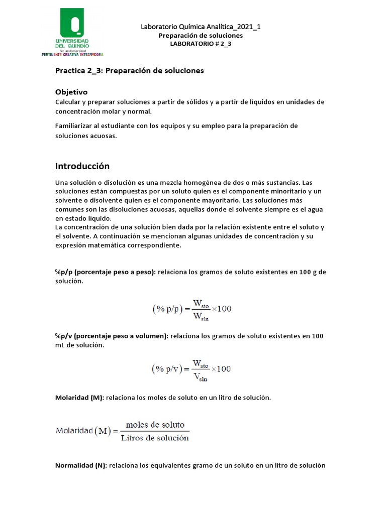 Practica 2 - 3 - Soluciones | PDF | Concentración | Química