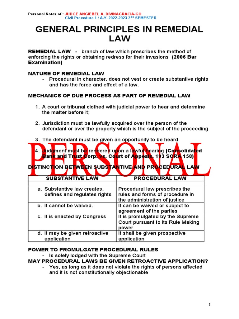 General Principles in Remedial LAW: Civil Procedure 1 / A.Y. 2022-2023 ...