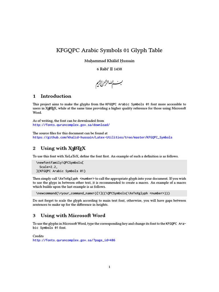 KFGQPC Arabic Symbols 01 Glyph Table: Mu Ammad Khālid Ussain 6 Rabī II ...