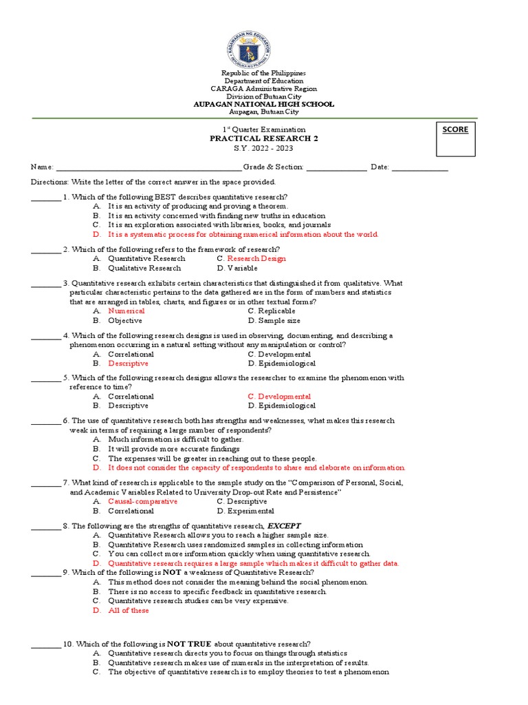 Analysis of a 1st Quarter Examination on Practical Research 2 Covering ...