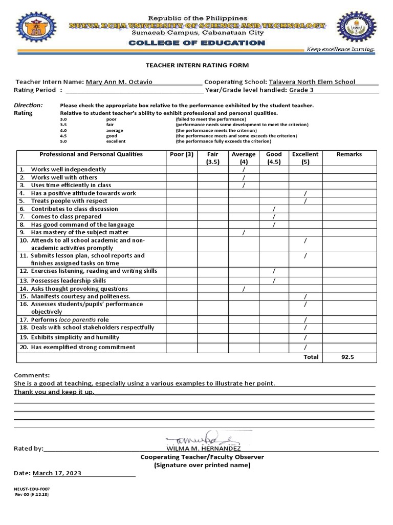 NEUST EDU F007 - RatingForm | PDF | Teachers | Lesson Plan